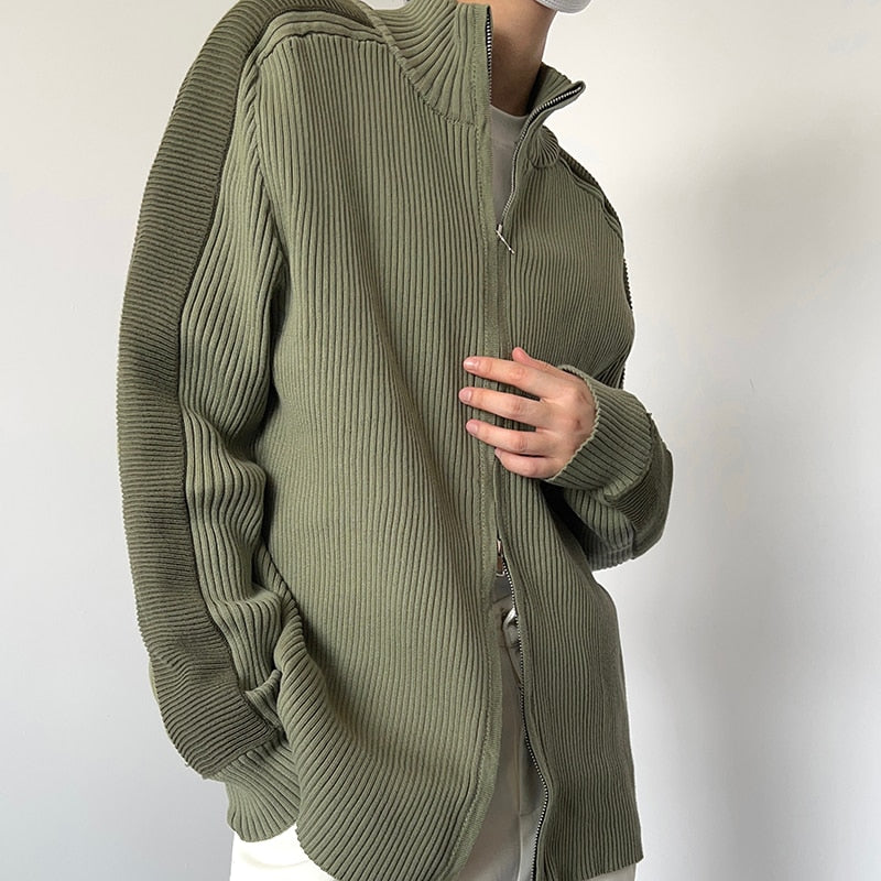 Contrast Knit Double Zip Sweater